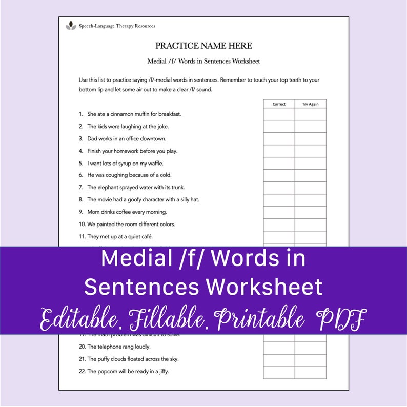 Medial /f/ Words in Sentences Worksheet for Speech Therapy | Printable ...
