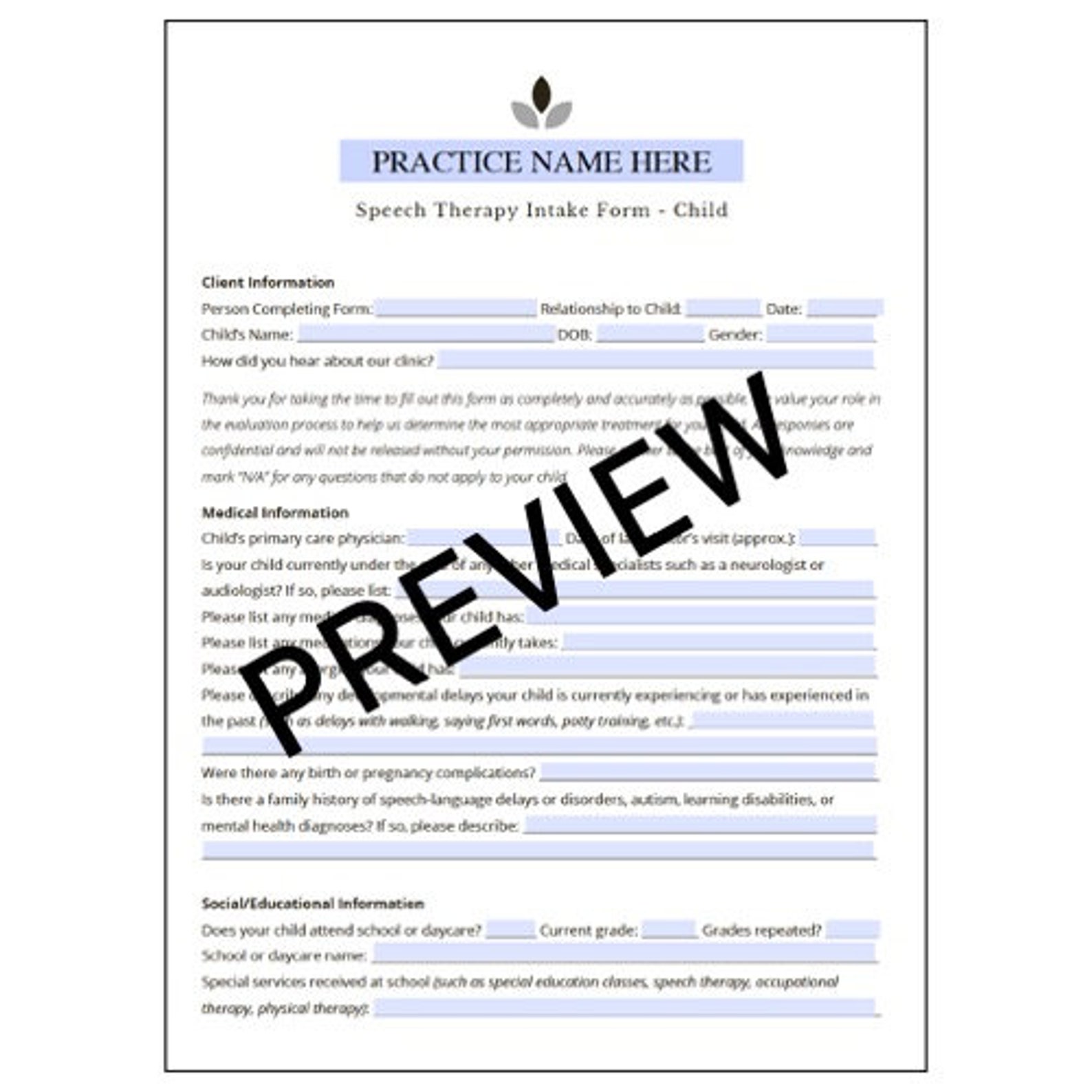 Speech Therapy Intake Form Child Editable Fillable | Etsy