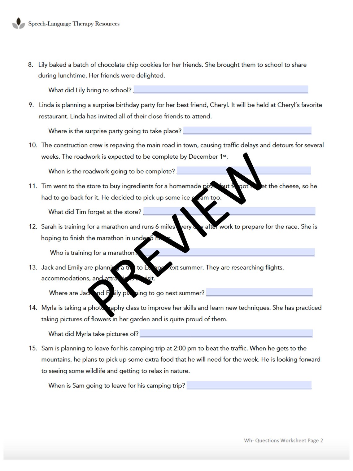 Wh- Questions Speech Therapy Worksheet | Fillable, Printable PDF - Etsy