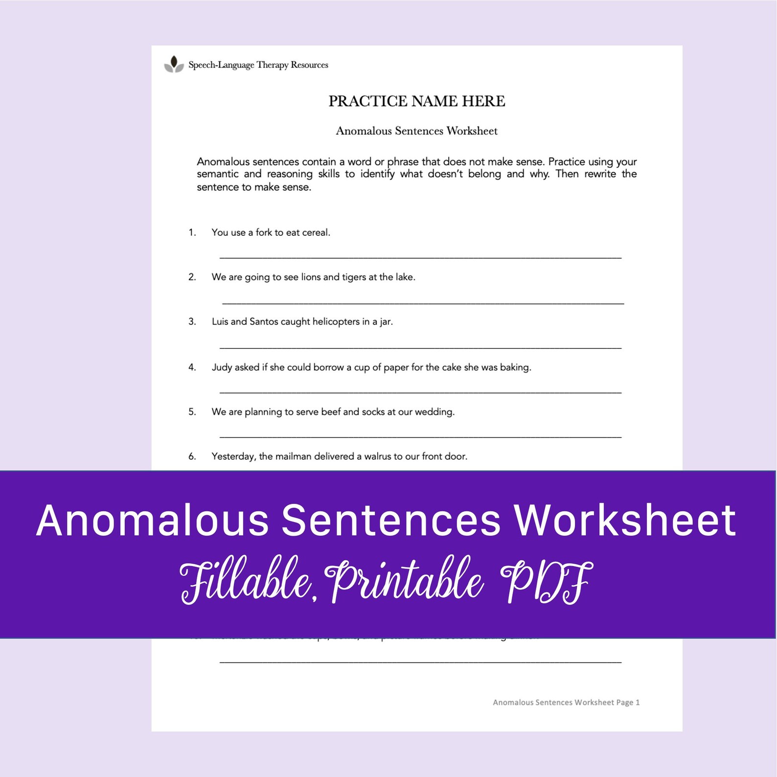 Anomalous Sentences Worksheet for Language Therapy | Fillable ...