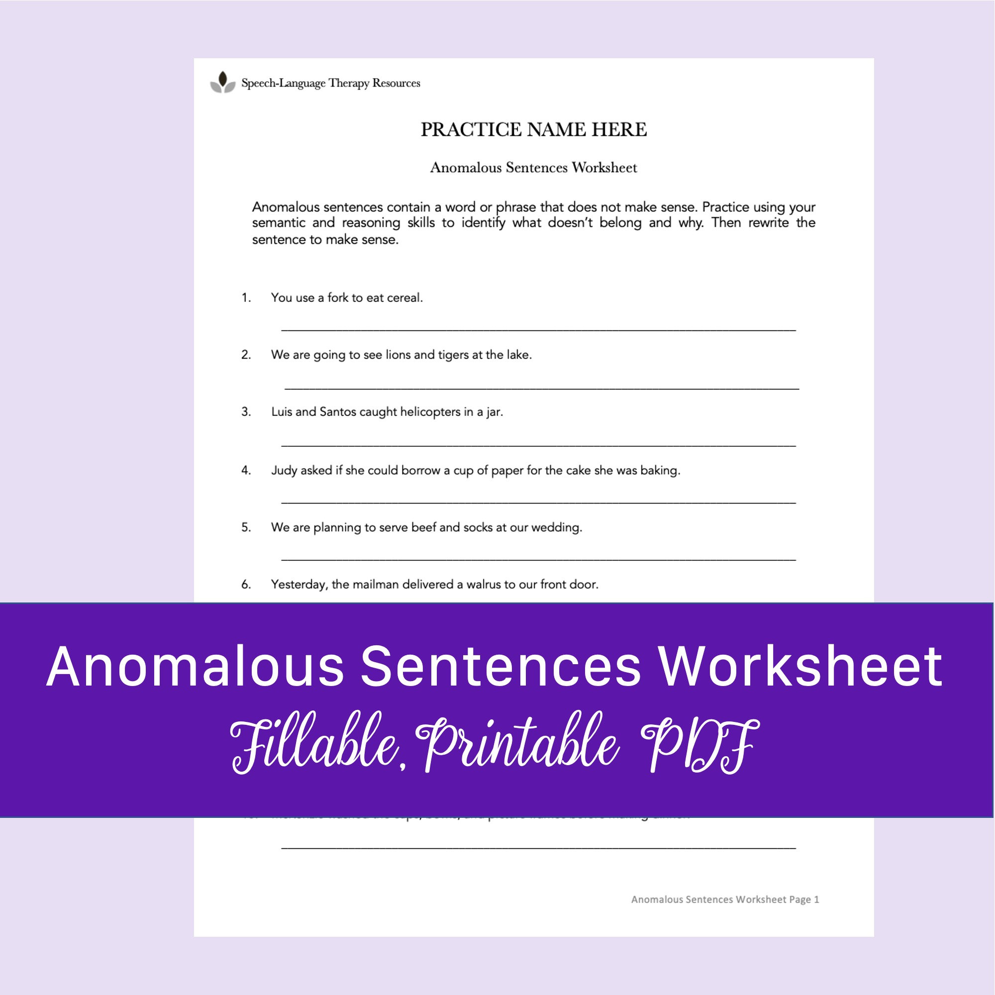 Anomalous Sentences Worksheet for Language Therapy | Fillable ...