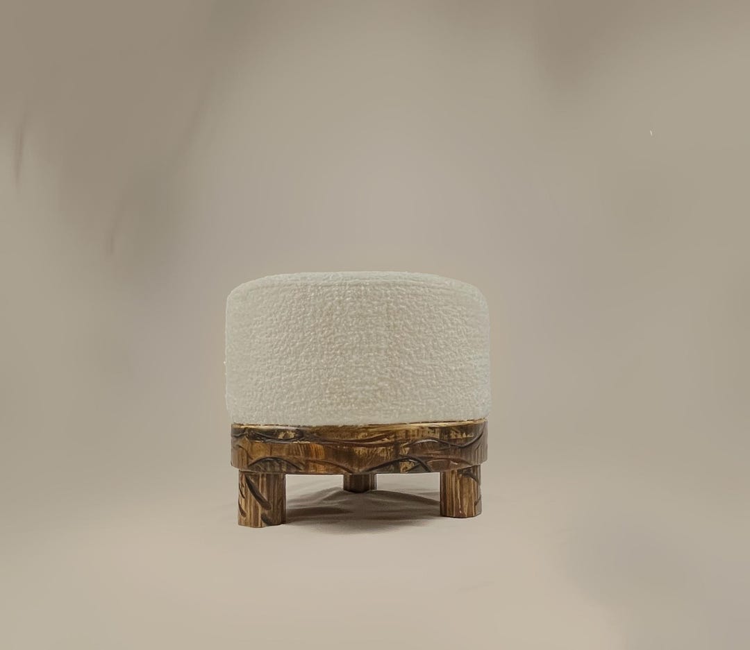 Versatile Round Pouf Hand-carved Wood & Draza Fabric Sustainable Home ...