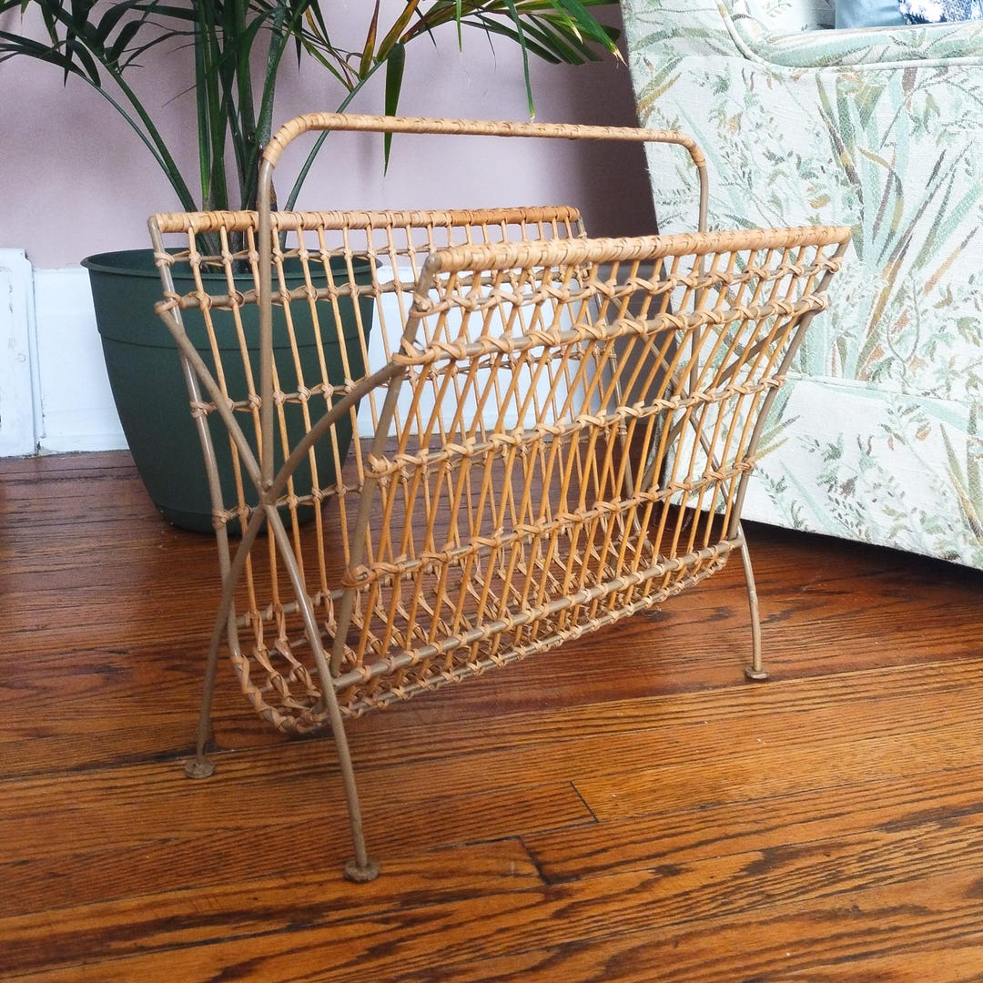 Vintage Wicker Magazine Rack, Metal Wire Stand Holder, Mid Century ...