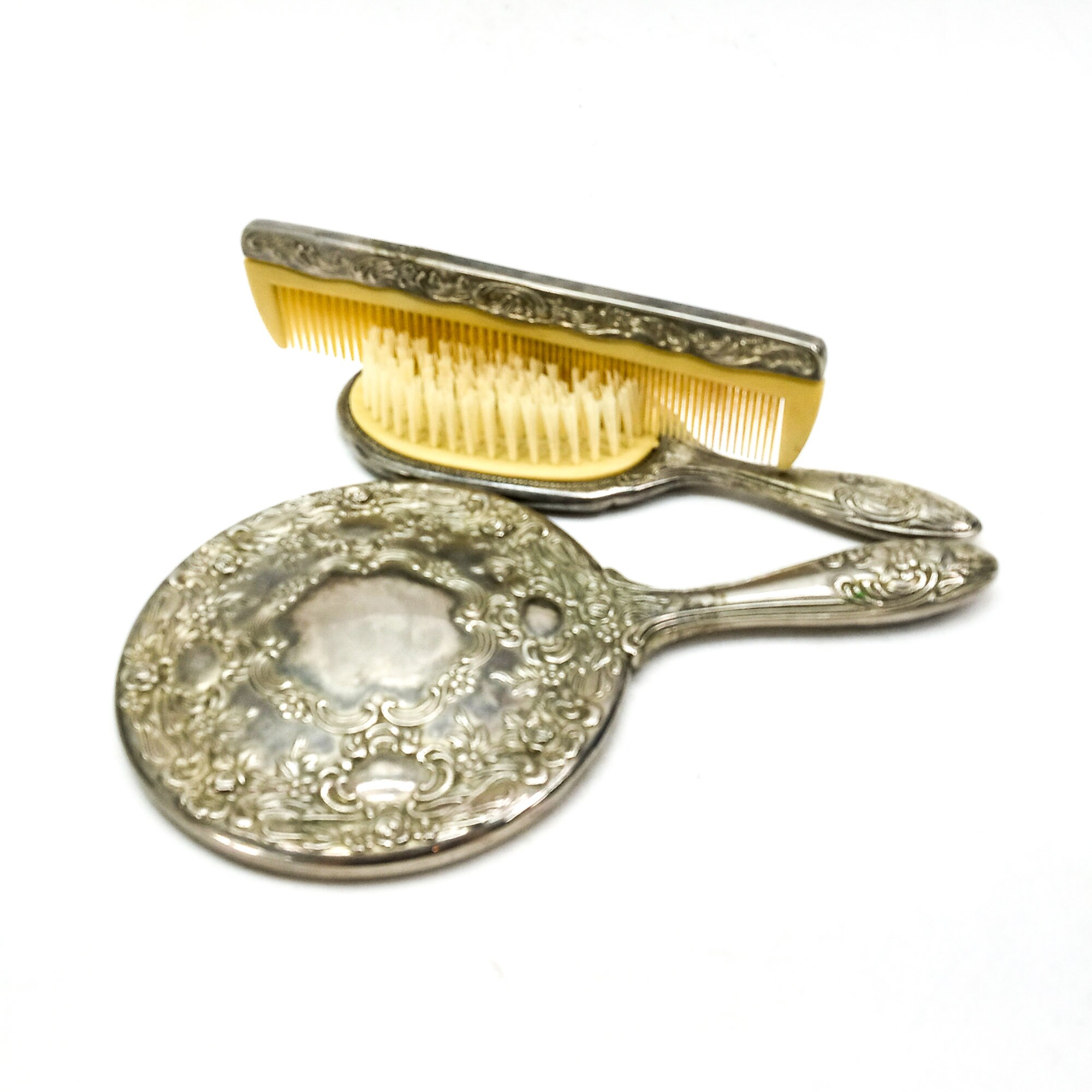 1920s Celluloid Hand Mirror Brush Comb Set Antique Original