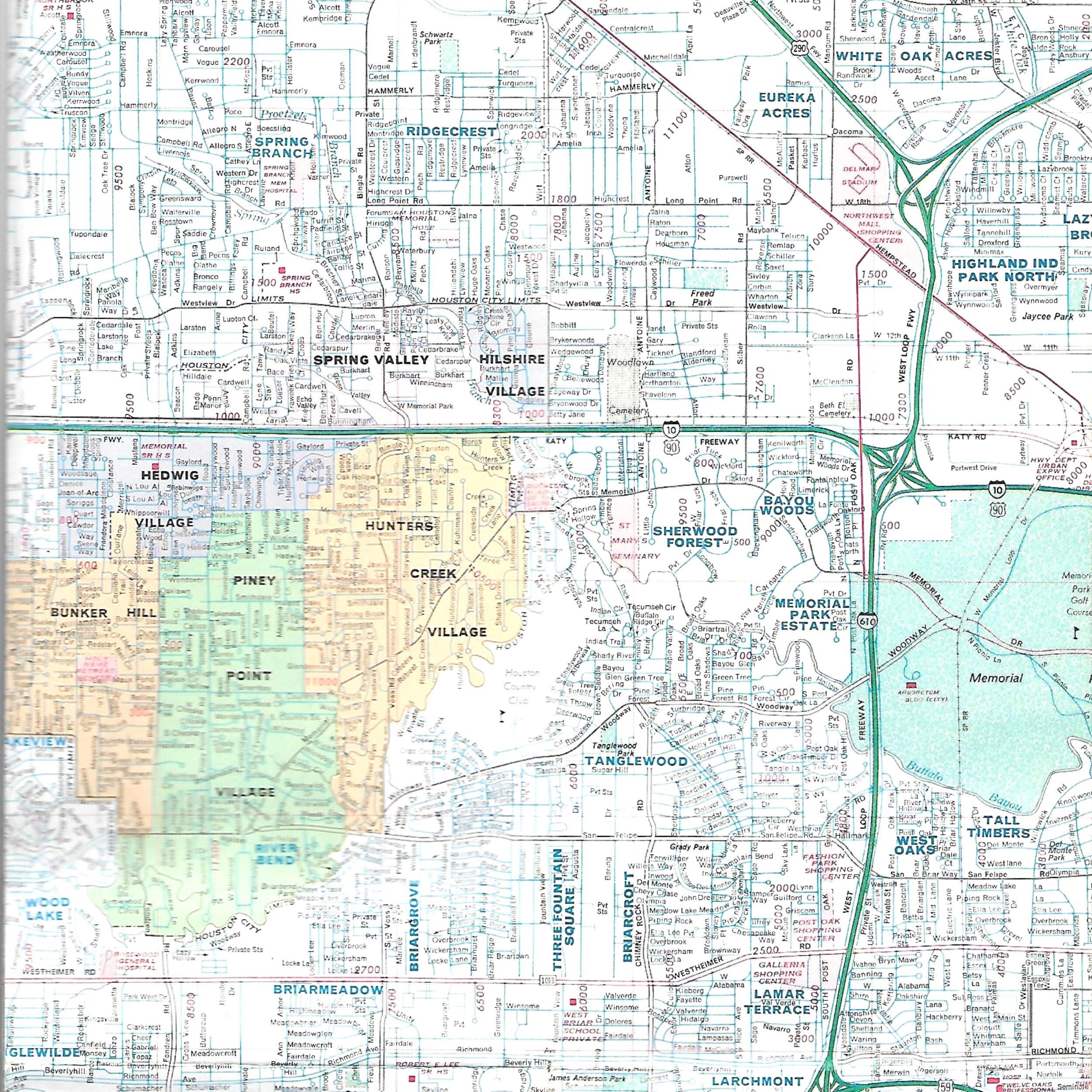 Houston Texas - Street Map of Houston - Vintage Houston - Big Wall Map ...