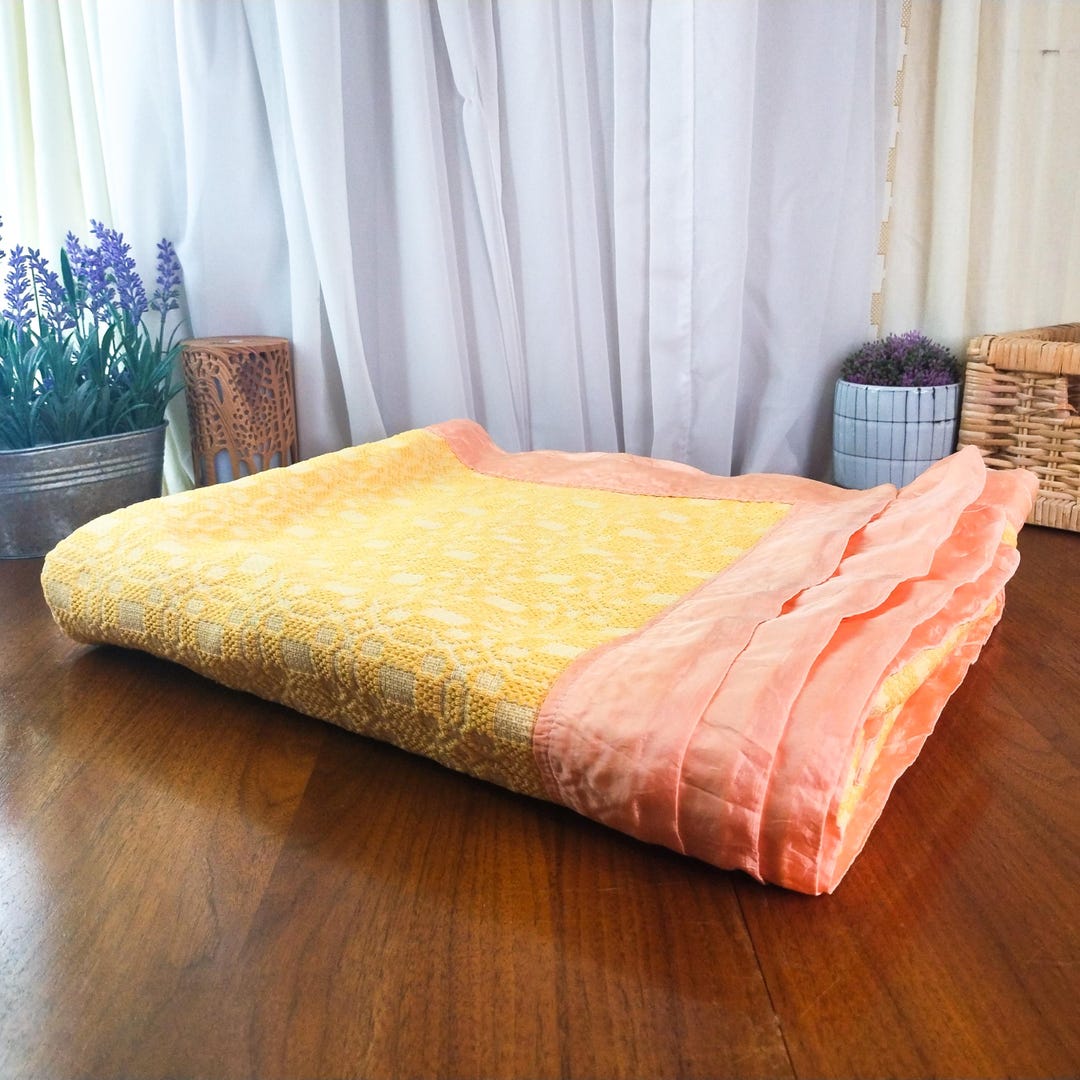 Full-size Yellow Brocade Bedspread Peach Satin Trim Vintage Blanket ...