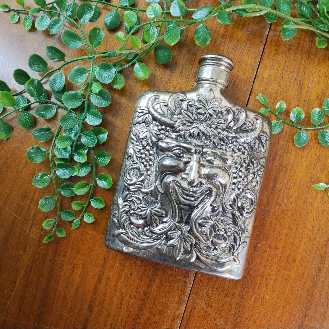 1980s Godinger Silver Plated Hip Flask Bacchus Green Man Face Metal ...