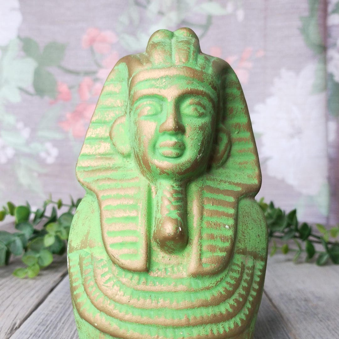 Molded Chalk-ware King Tut Bust Egyptian Decor Green/gold Egypt Statue ...