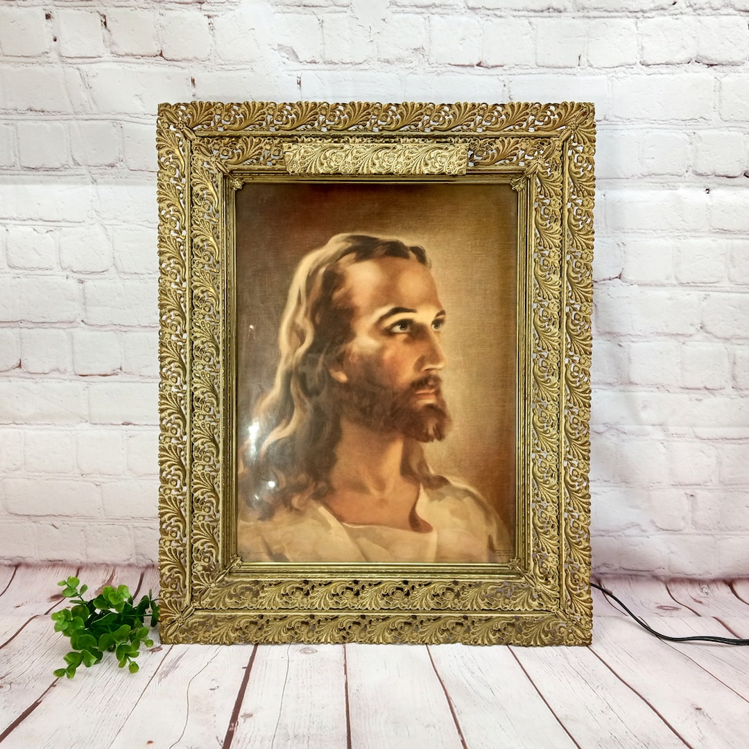 Vintage Lighted JESUS Wall Art, Gold Filigree Framed Picture Head of ...