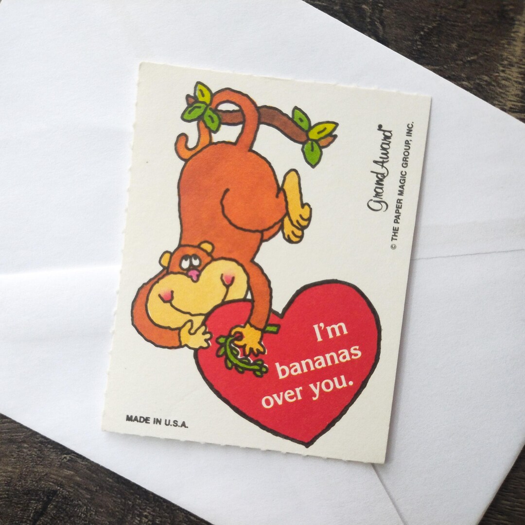Monkey Valentine's Day Card Vintage Greeting Card Red Heart Hanging ...