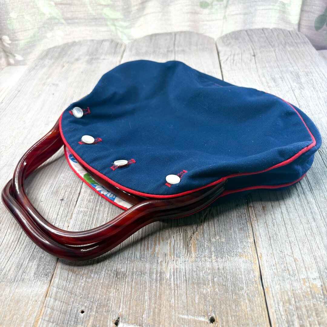 Vintage Delanthe Bermuda Bag Navy Blue Fabric Purse Acrylic Plastic Top ...
