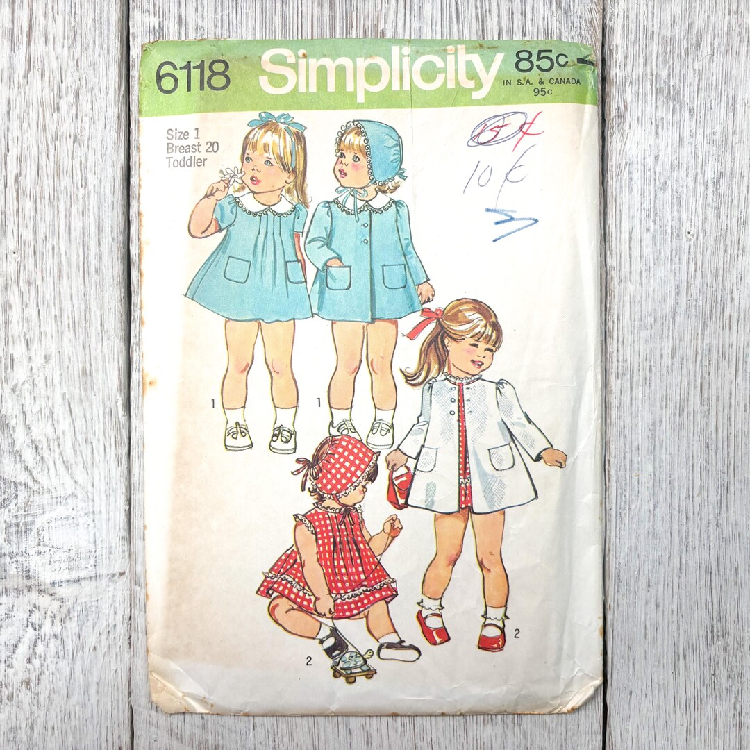 1970s Simplicity Sewing Pattern 6118: Toddler Dress, Coat, Hat (size 1 ...