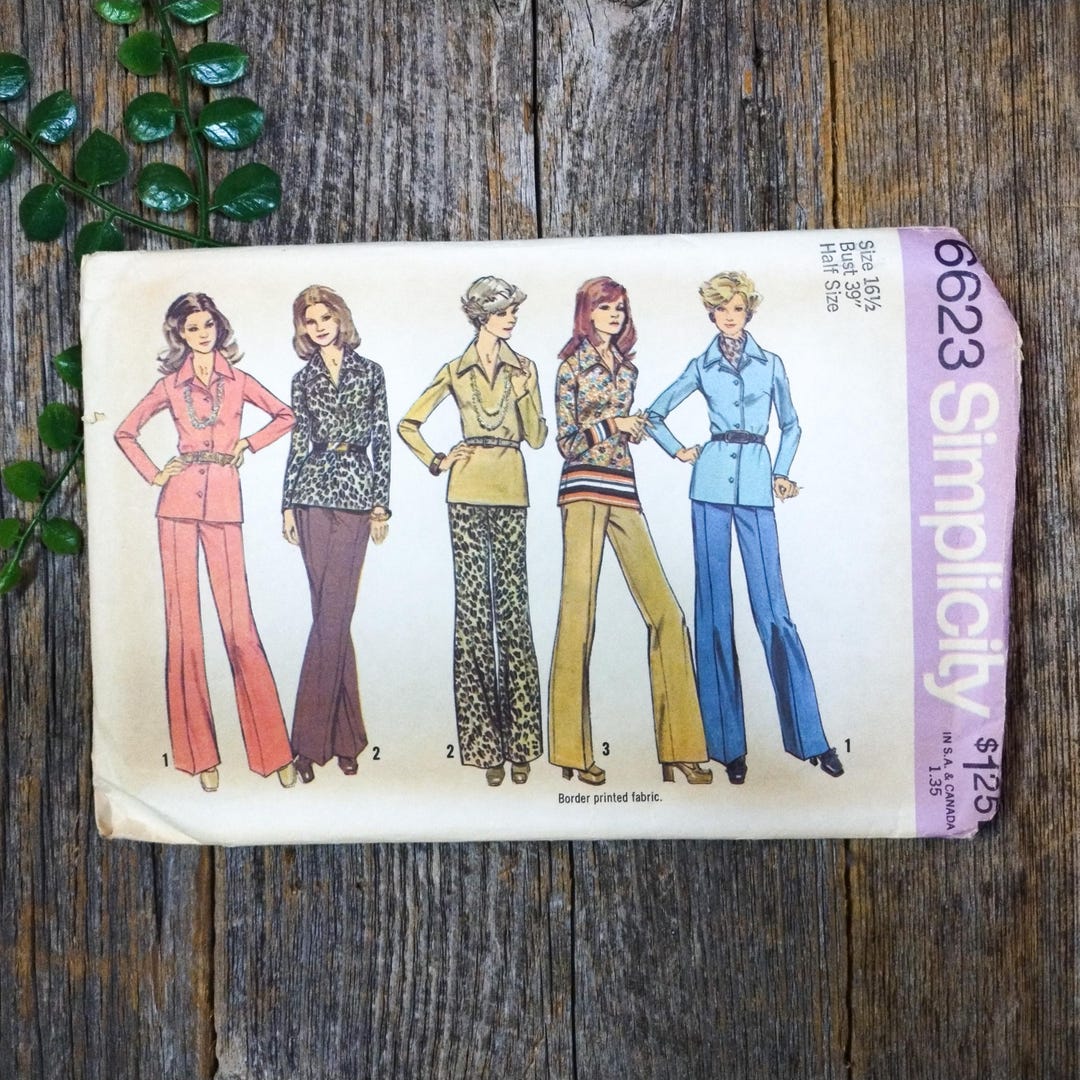 70s Sewing Pattern Butterfly-collar Blouse Bell-bottom Pants Flare-leg ...