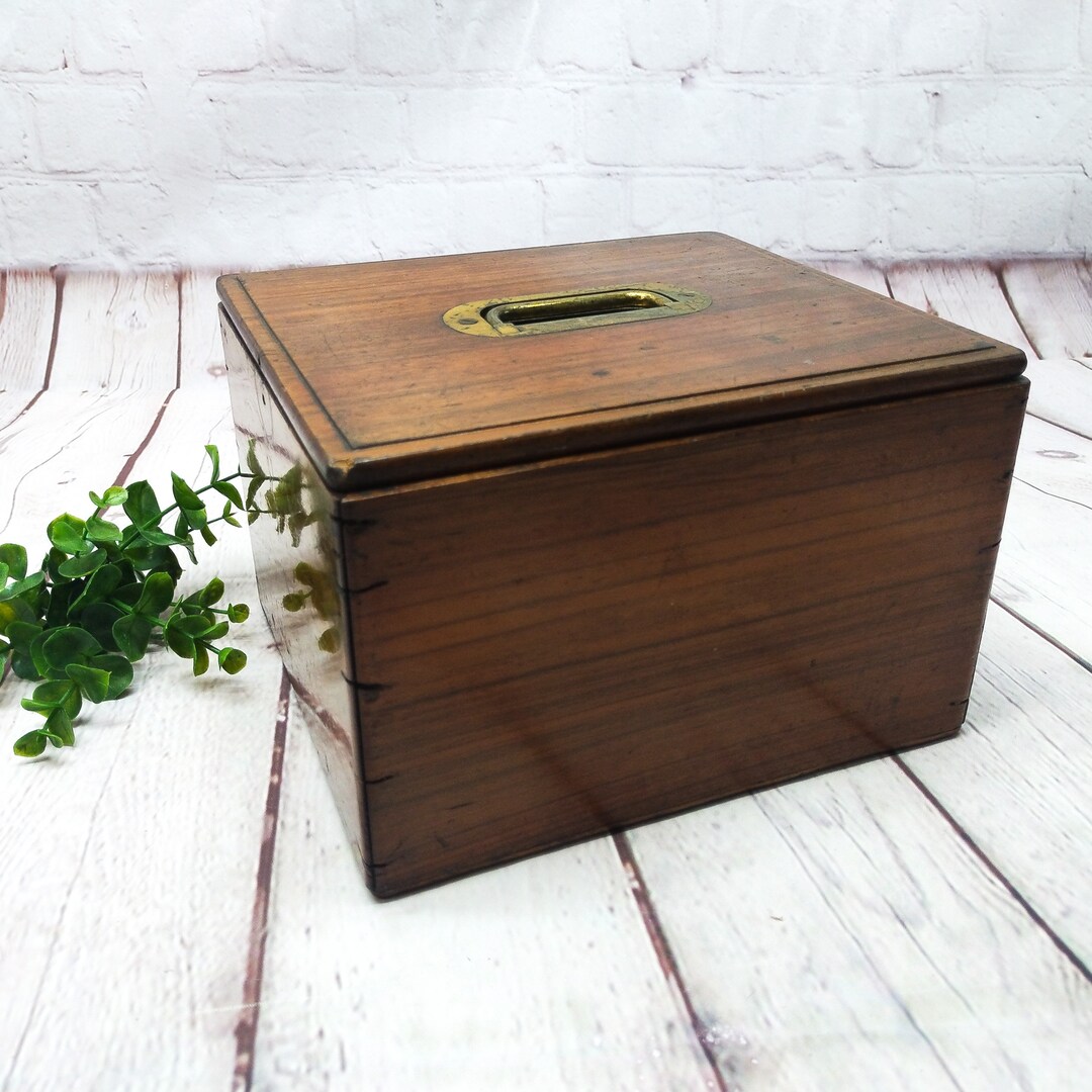 Vintage Large Square Wood Box With Brass Handle - Etsy
