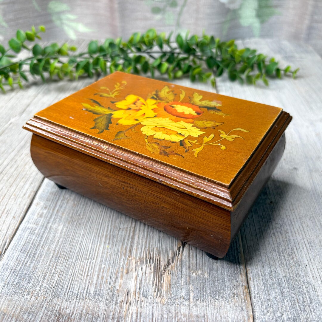 Wood Music Box Song for Elise Jewelry Box Floral Pattern on the Hinged ...