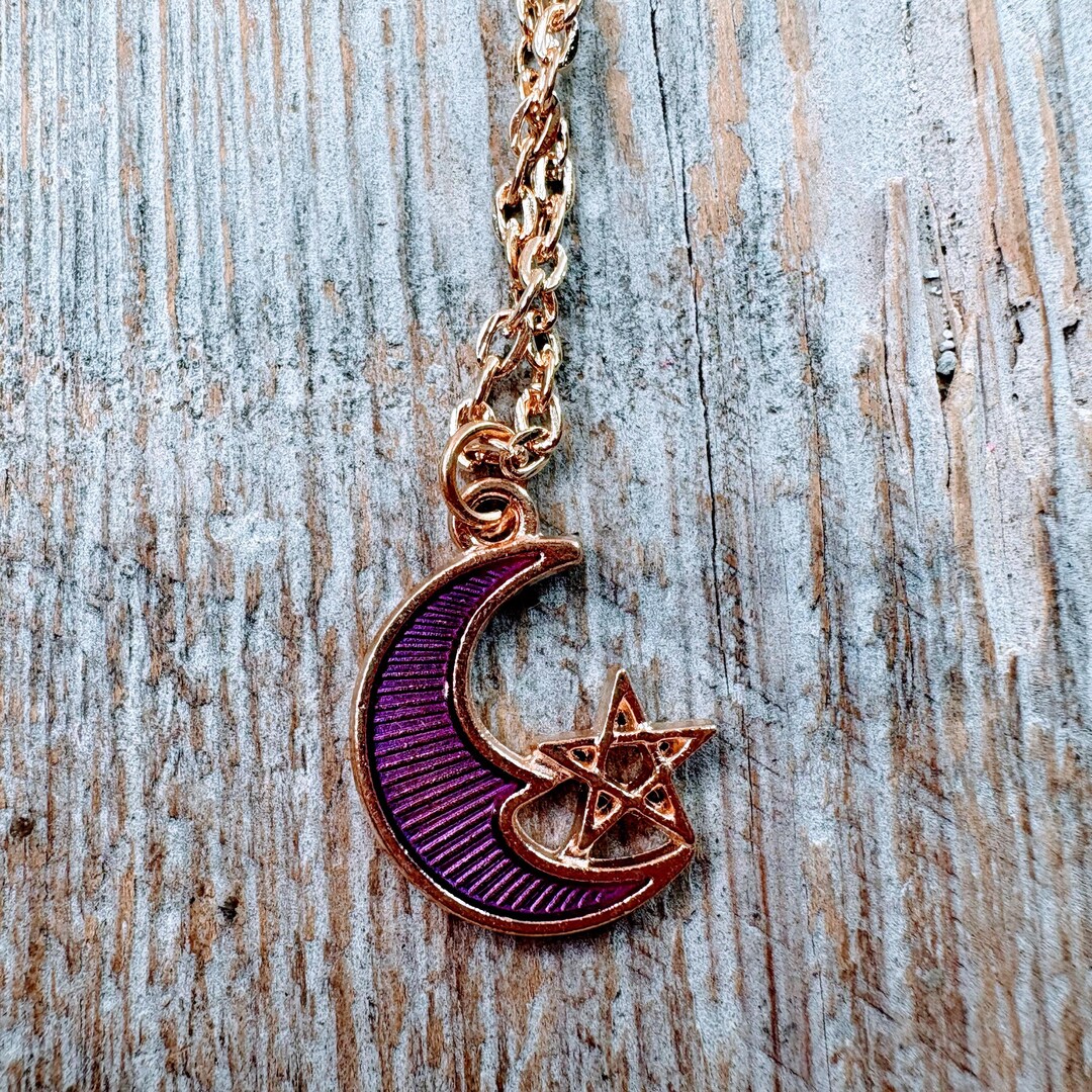 Charm Necklace Light Gold Purple Enamel Moon and Star, Seashell ...