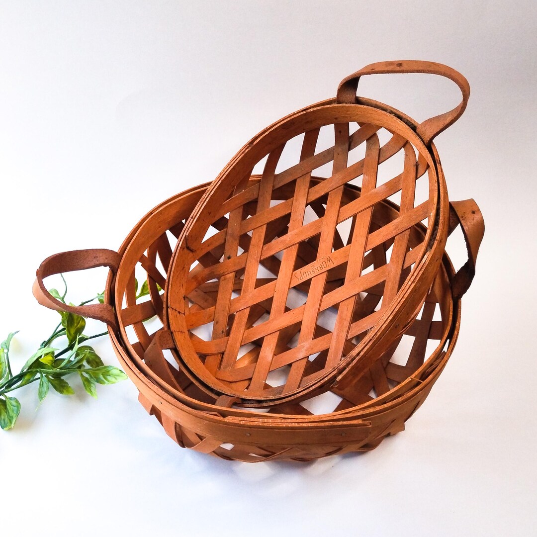 Vintage Wood Slat Basket Set, Split Wood Basket With Leather Handles ...