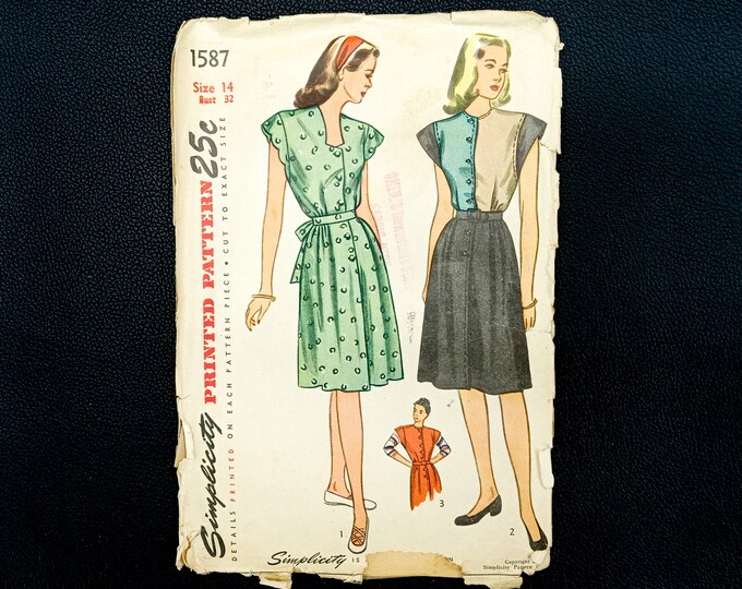 50s Vintage Simplicity Sewing Pattern 1587 Women Size 14 Bust 32 ...