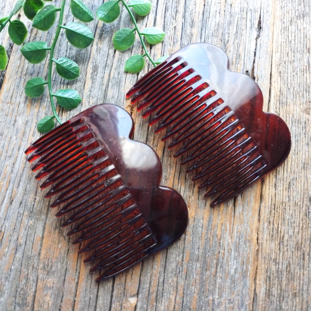 Tortoise-shell Side Hair Combs Pair Scalloped Top Crenulated Brown Hair ...