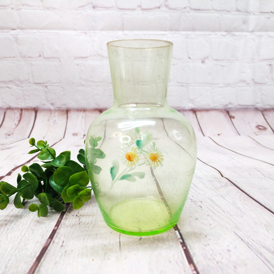 Vintage Vaseline Green Glass Uranium Vase Hand Painted Flowers - Etsy