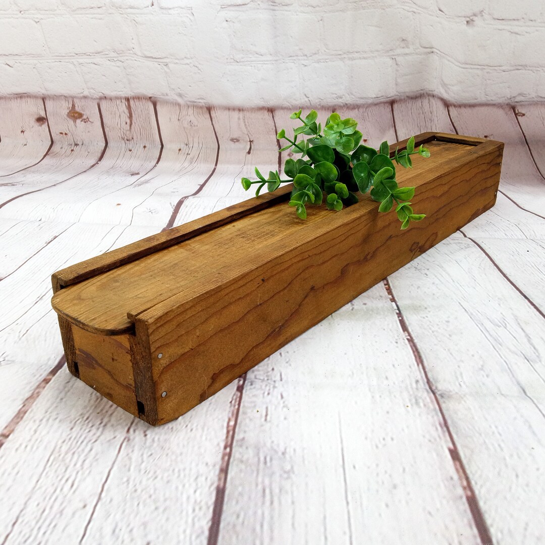 Vintage Long Wood Box With Sliding Lid Rectangle Wooden Box Storage ...