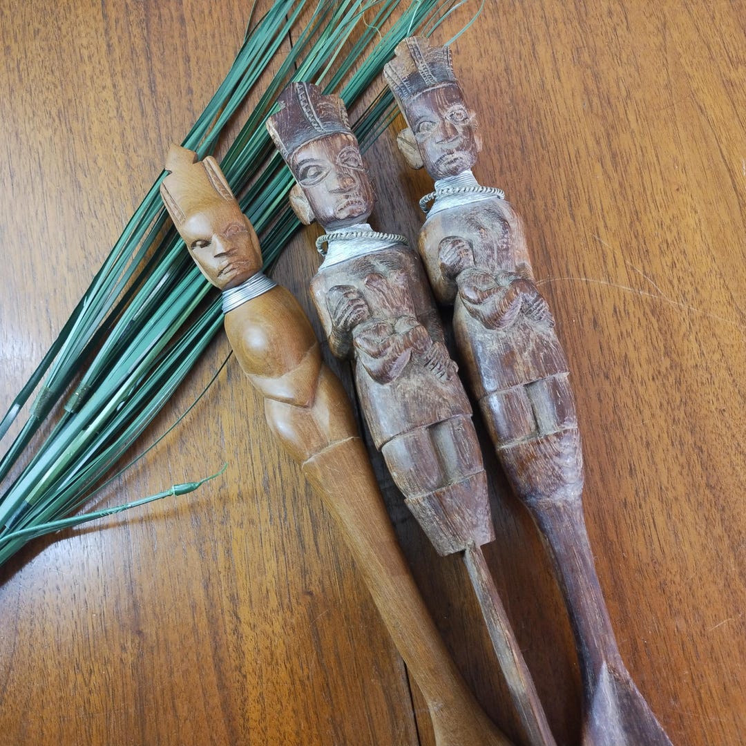 African Figural Carved Wood Utensils Spoon Fork Knife Ethnic Tribal ...
