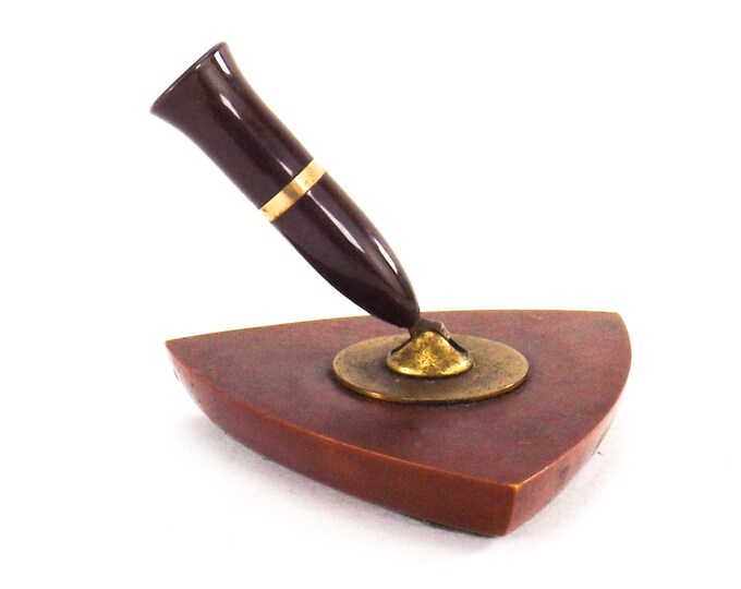 Vintage executive pen holder stand for desk plastic wood metal office ...