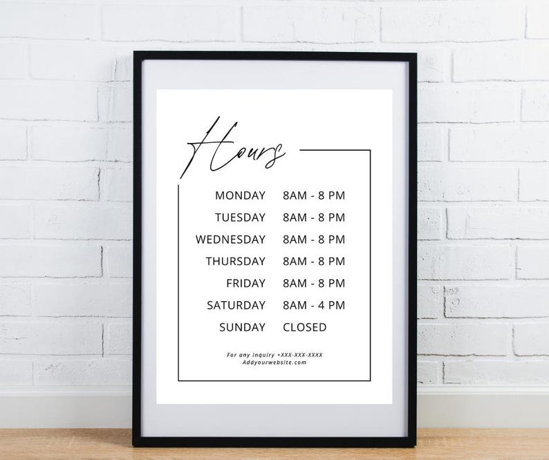 Editable Store and Company Hours Sign | Customizable Business Hours ...