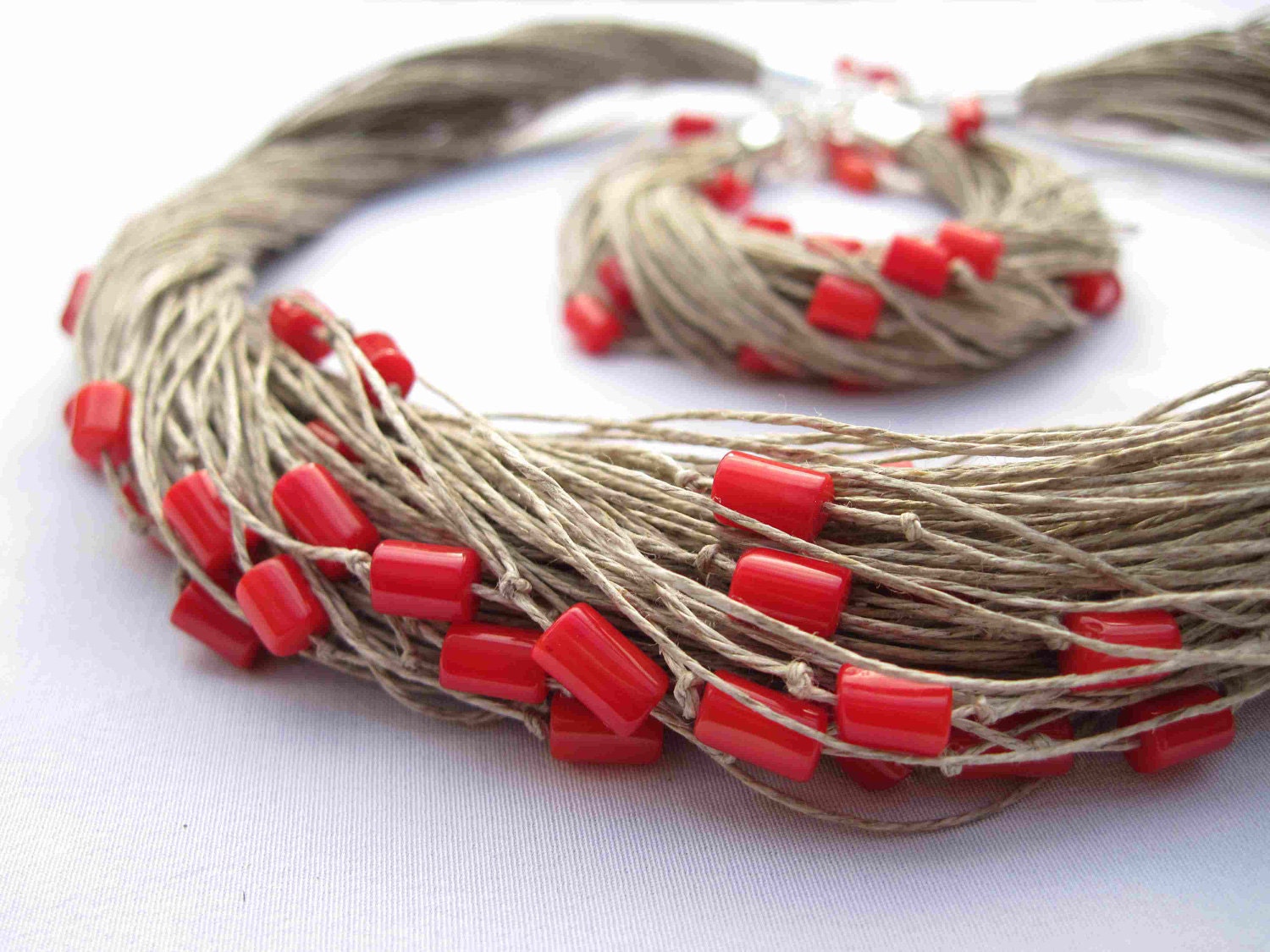 Red Coral Linen Necklace Bracelet Linen Jewelry Multi Strand Natural ...