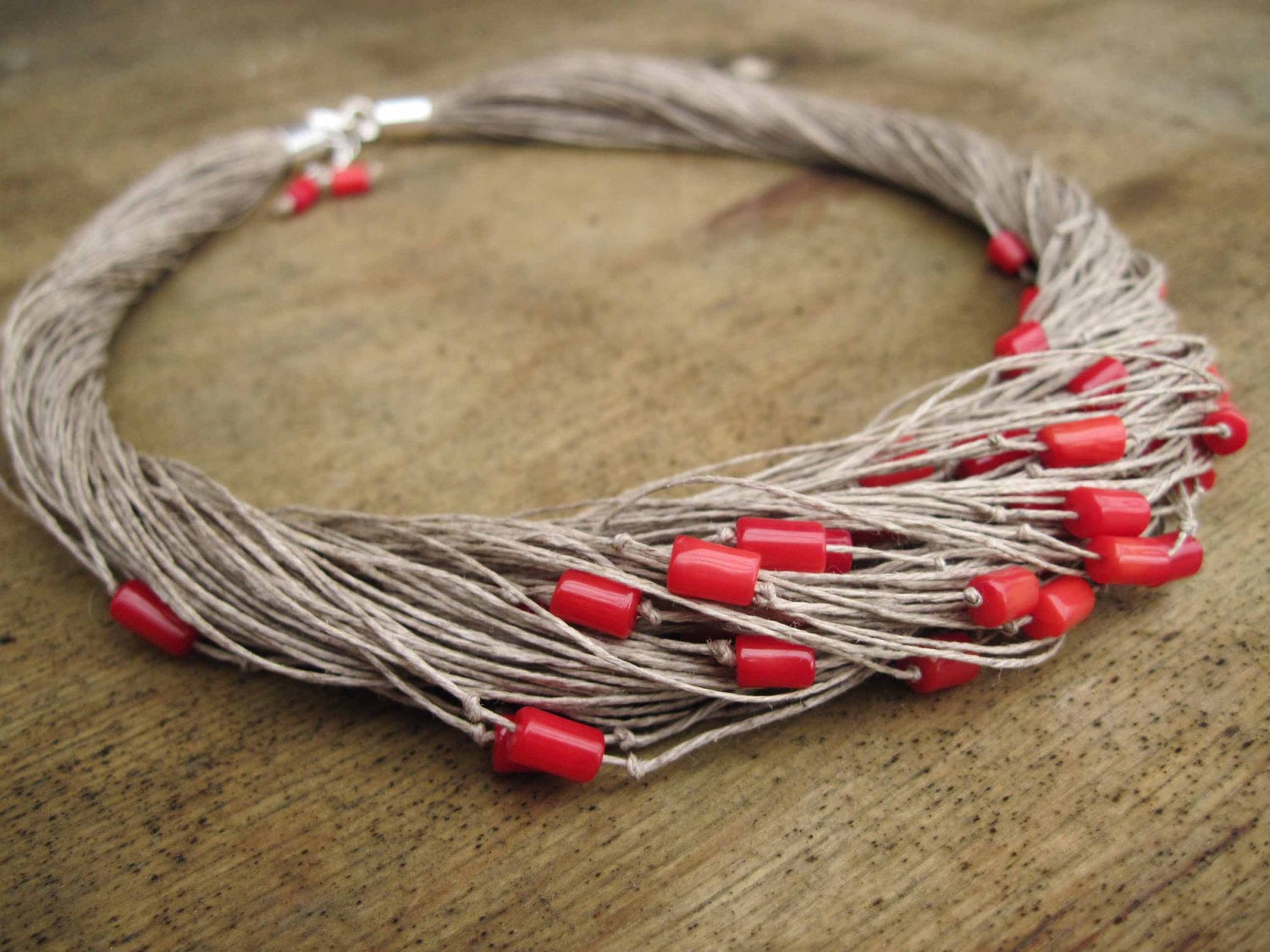Red Coral Linen Necklace Bracelet Linen Jewelry Multi Strand Natural ...