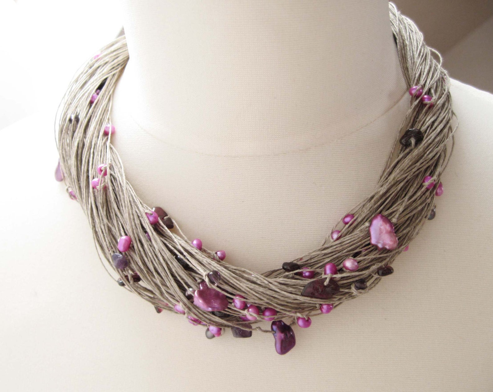 Purple Pearl Necklace, Multi Strand Necklace, Linen Necklace ...