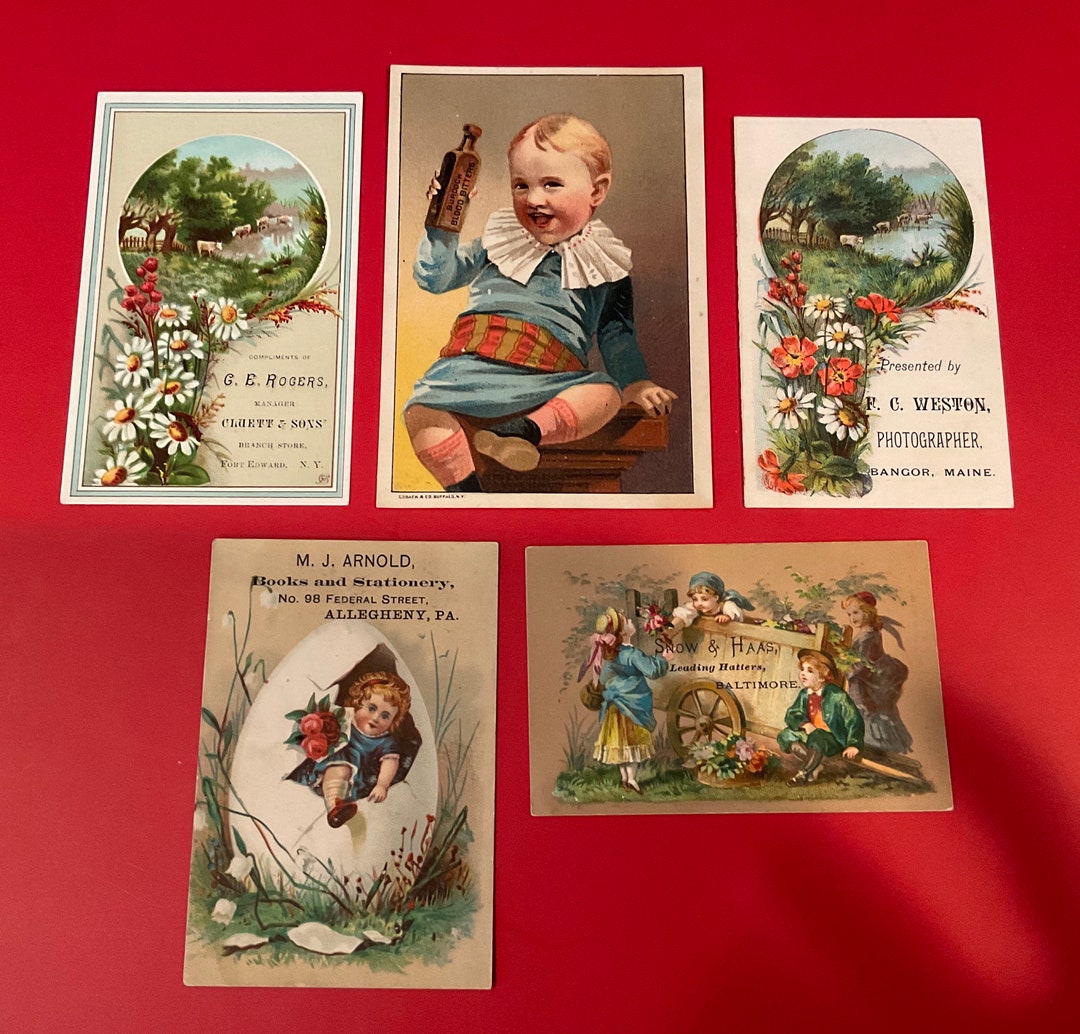 Victorian Trade Cards, 5 Project Cards, Cluett Piano, Burdock Bitters ...