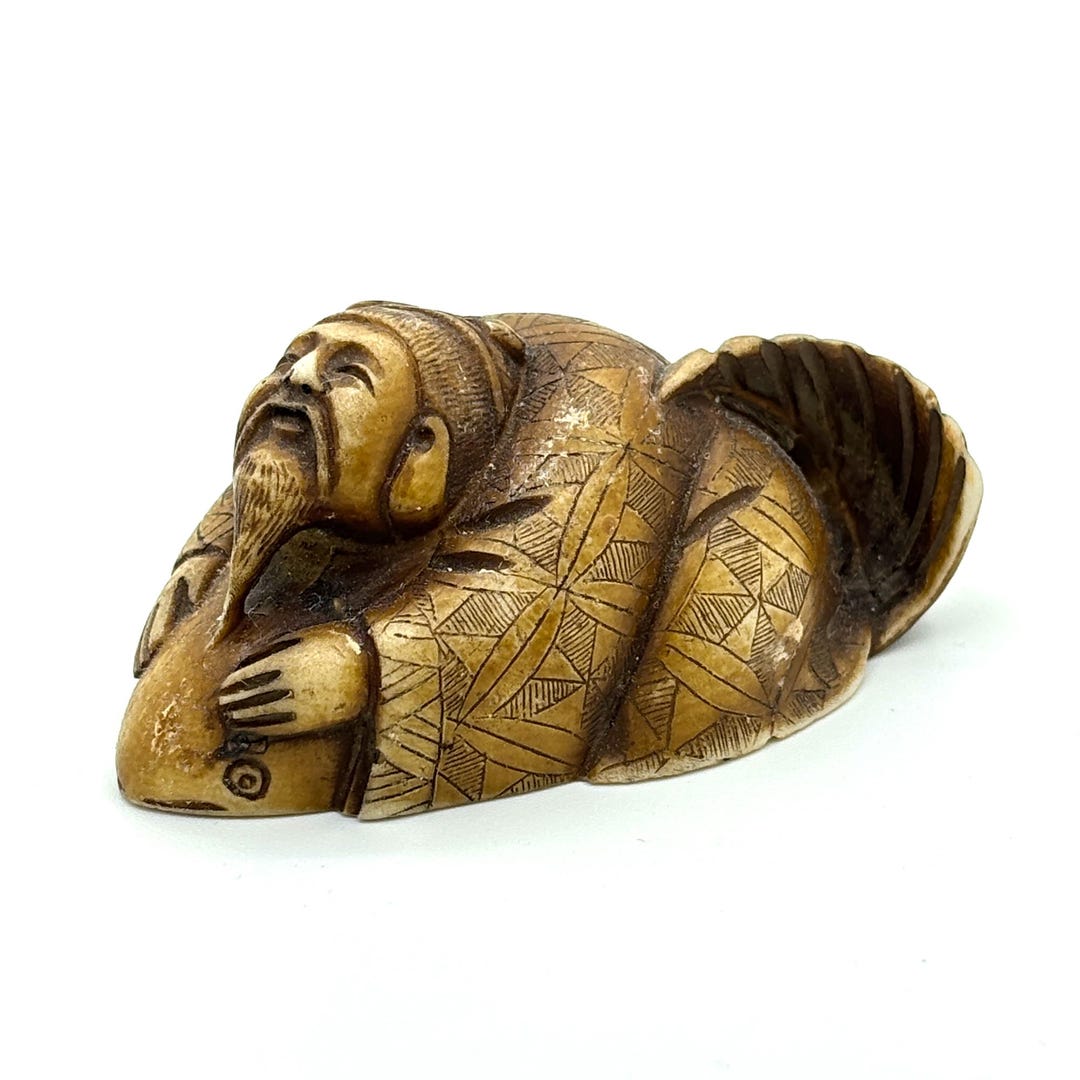 Traditional Japanese Netsuke, 'bearded Man Wearing Obi and Riding Large Fish', 2" X 1.25" X 1 ...