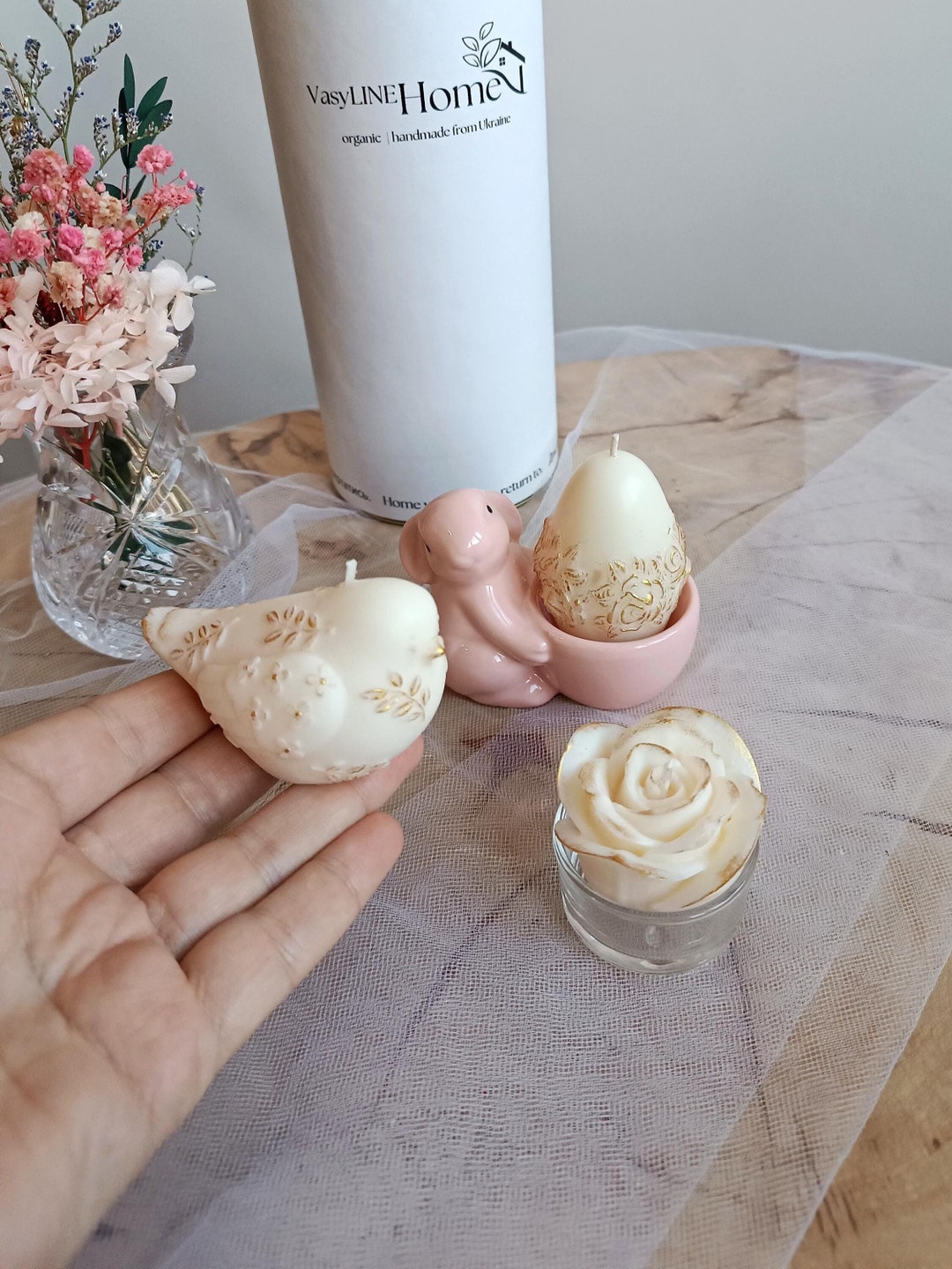 Handmade Easter Candle Set: Soy Wax Dove, Egg & Rose Decor - Etsy