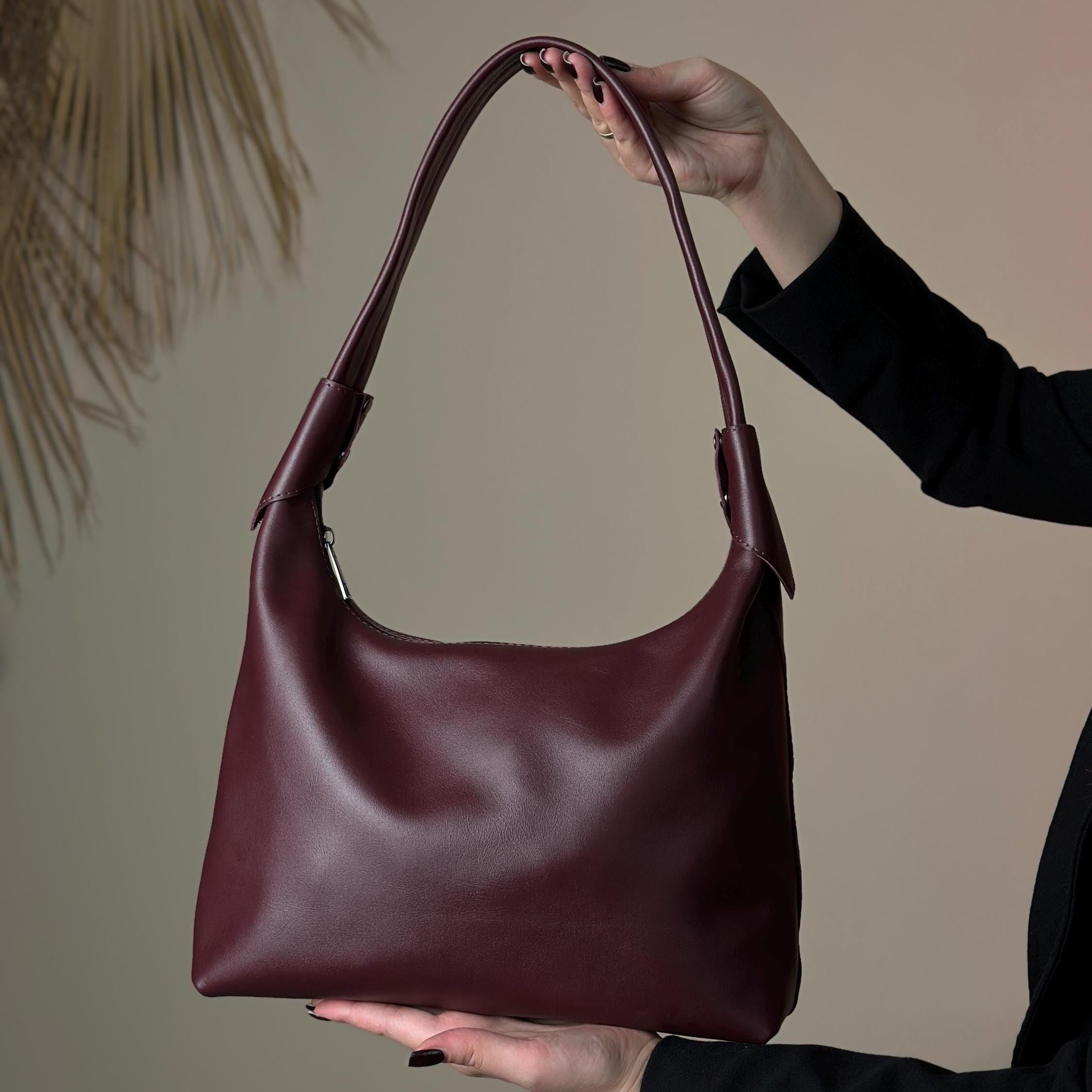 Burgundy Leather Shoulder Bag – Handmade Minimalist Tote, Genuine ...