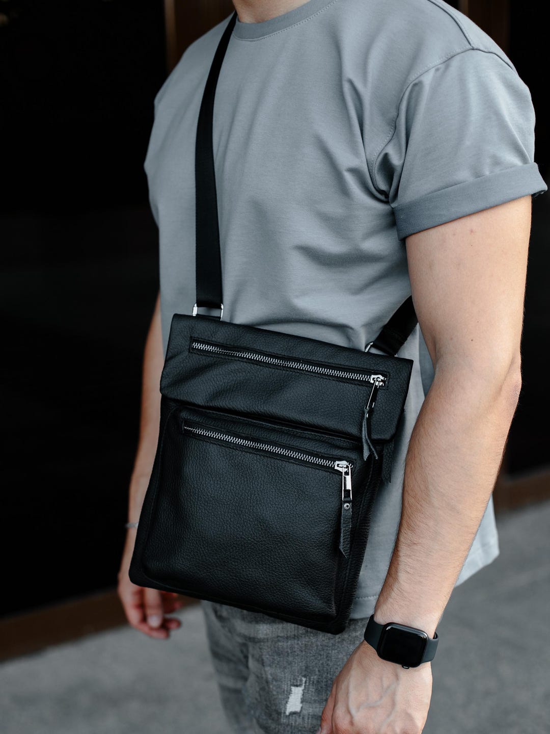 Black Leather Shoulder Bag for Men – Stylish Small Crossbody Messenger ...