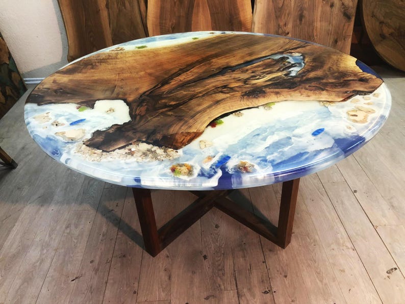 Ocean Blue Epoxy River Table, Round Walnut Wood Aquarium Art - Etsy
