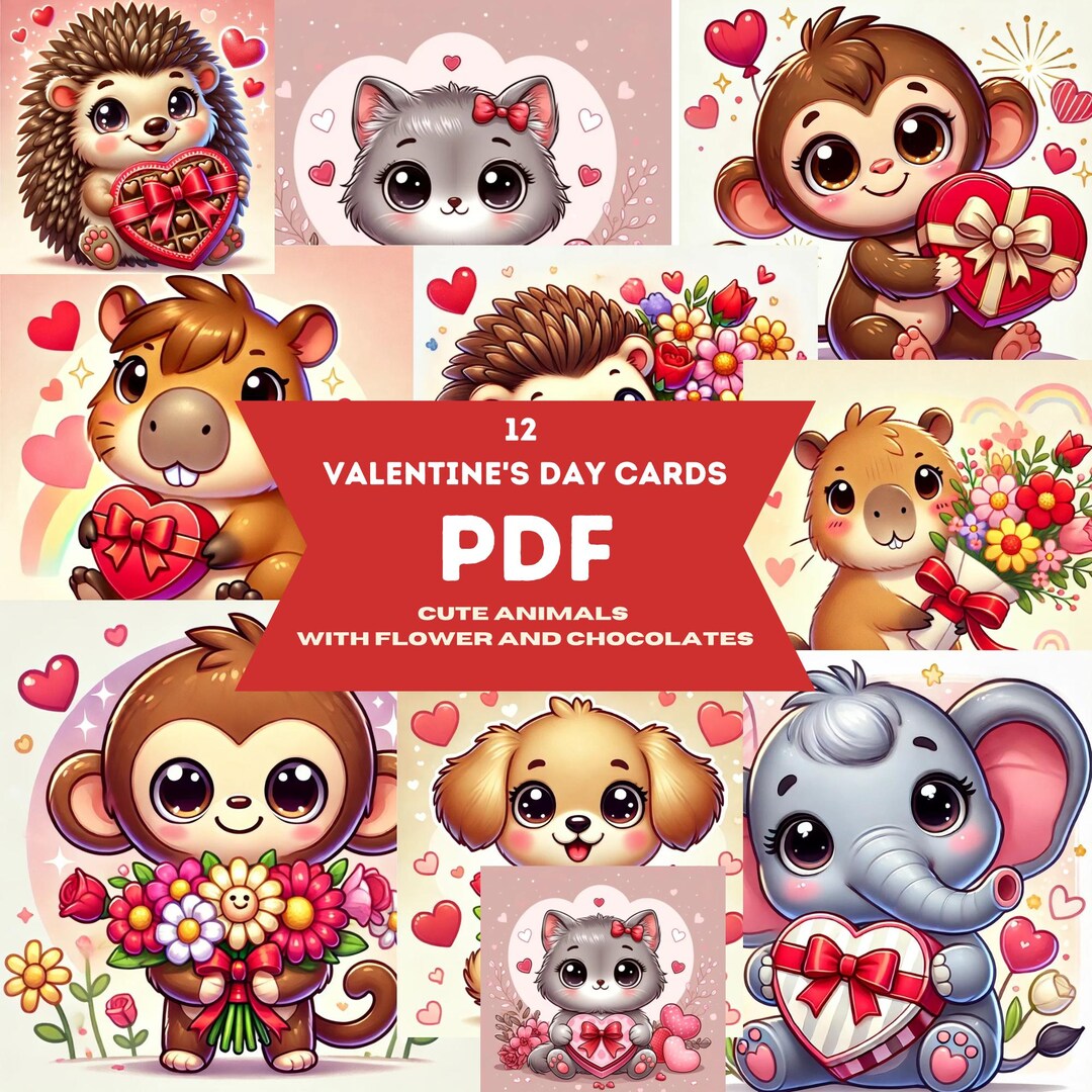 12 Valentine's Day Cards Cute Animals With Flowers and Chocolates - Etsy