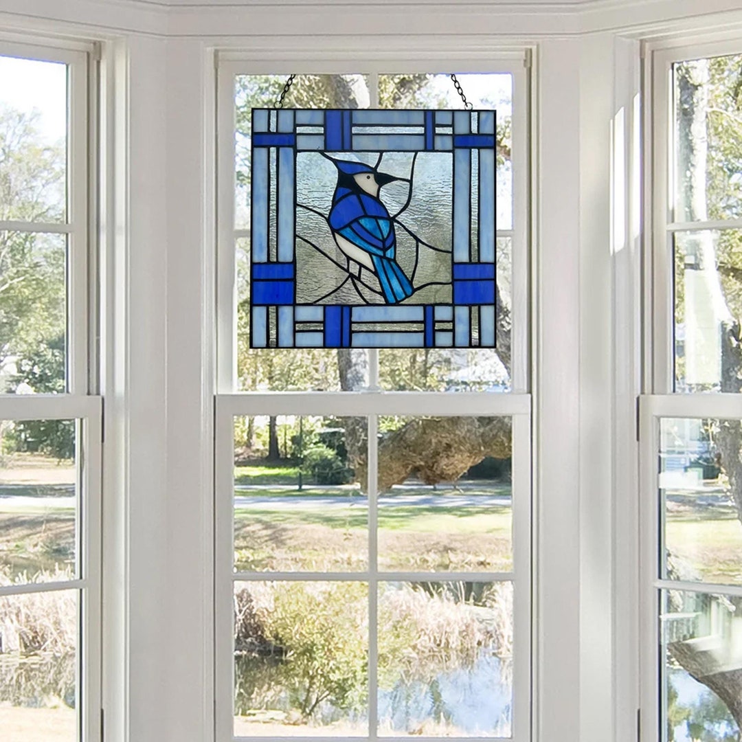 11h John the Blue Jay Stained Glass Window Panel, Blue Jay, Stained ...