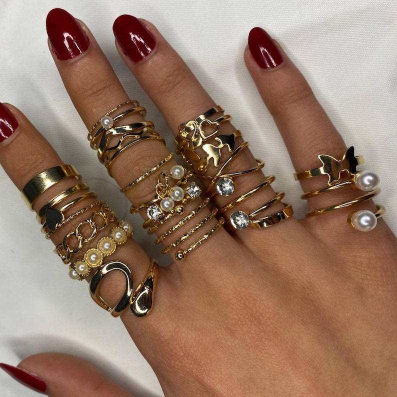 Gold Ring Set: 22 PCS Stackable Rings With Pearls & Rhinestones - Etsy