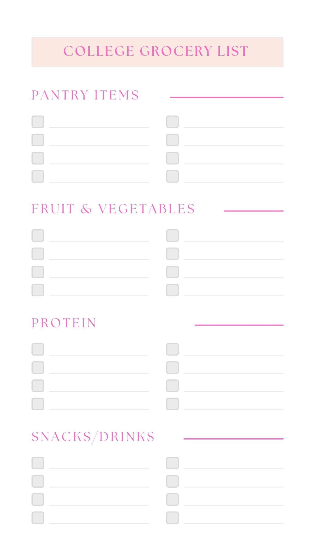 Weekly College Grocery List Template - Etsy