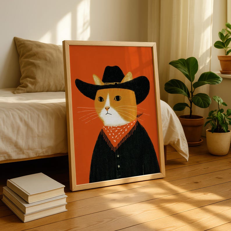 Ginger Cowboy Cat Wall Art Print, Funny Western Cat Illustration ...