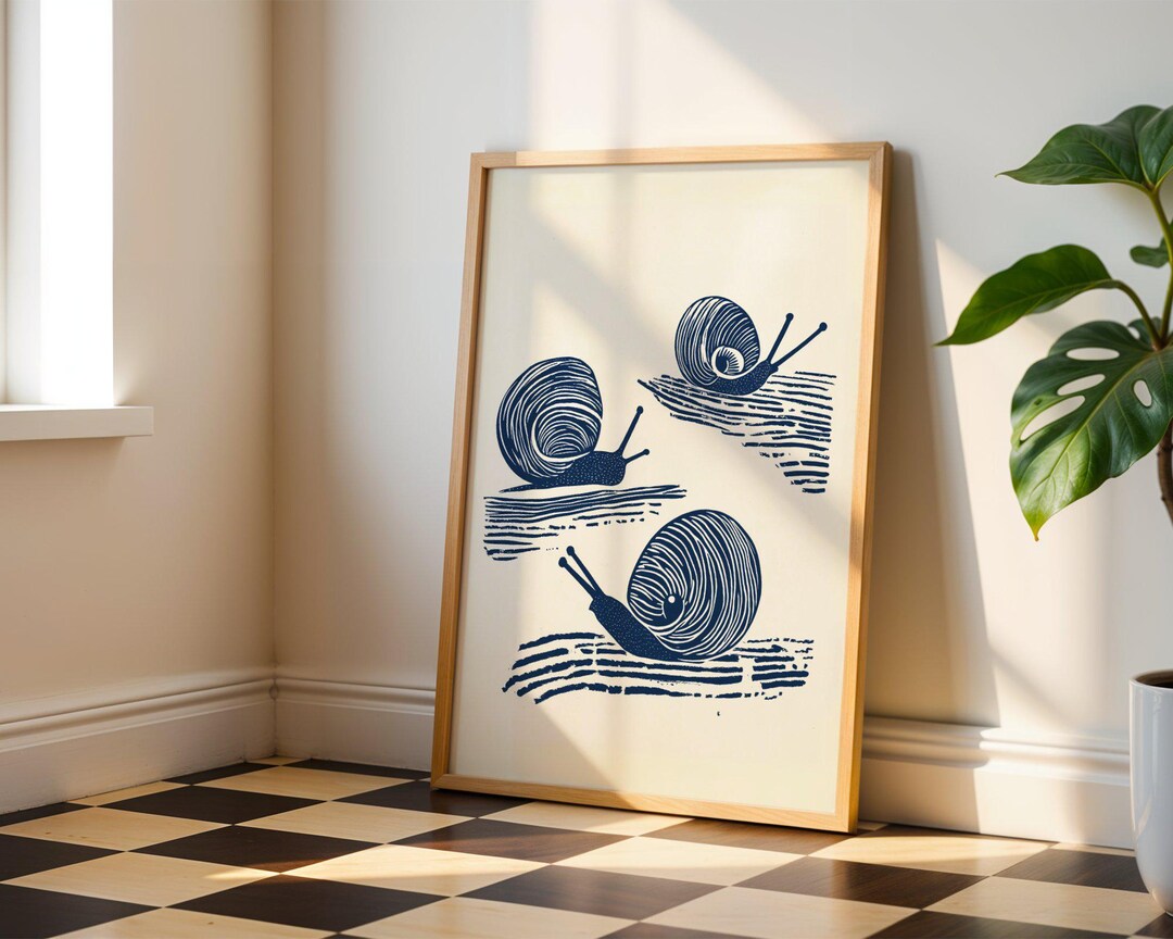 Snail Wall Art Print, Blue Snail Art, Minimalist Snail Poster, Hand ...