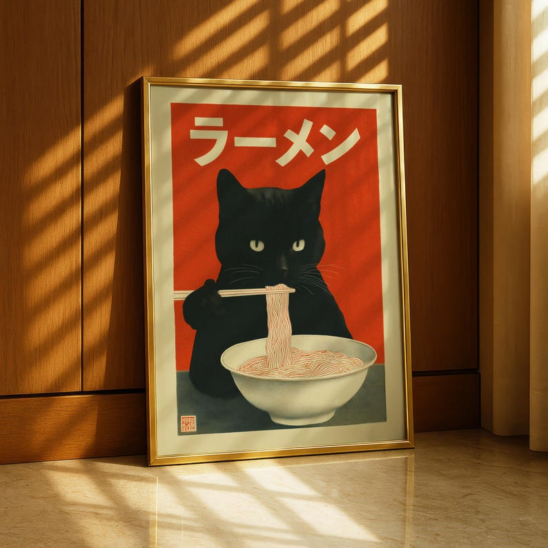Ramen Cat Print, Vintage Cat Poster, Japanese Style Wall Art, Funny Cat ...