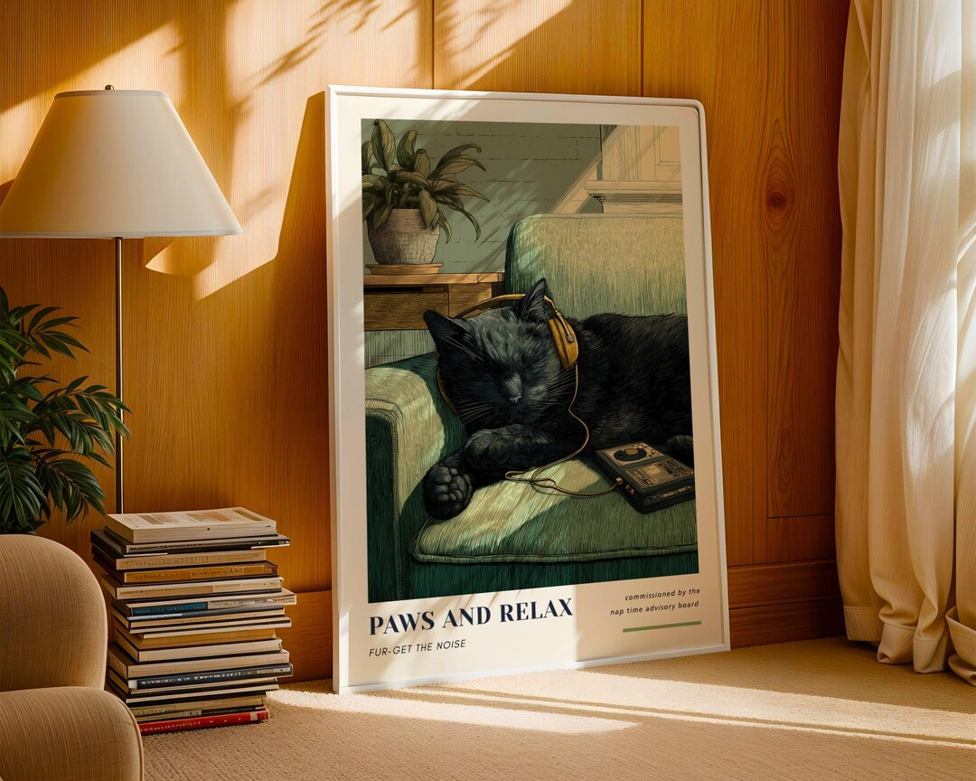 Paws and Relax Cat Wall Art Print – Black Cat With Headphones Poster ...