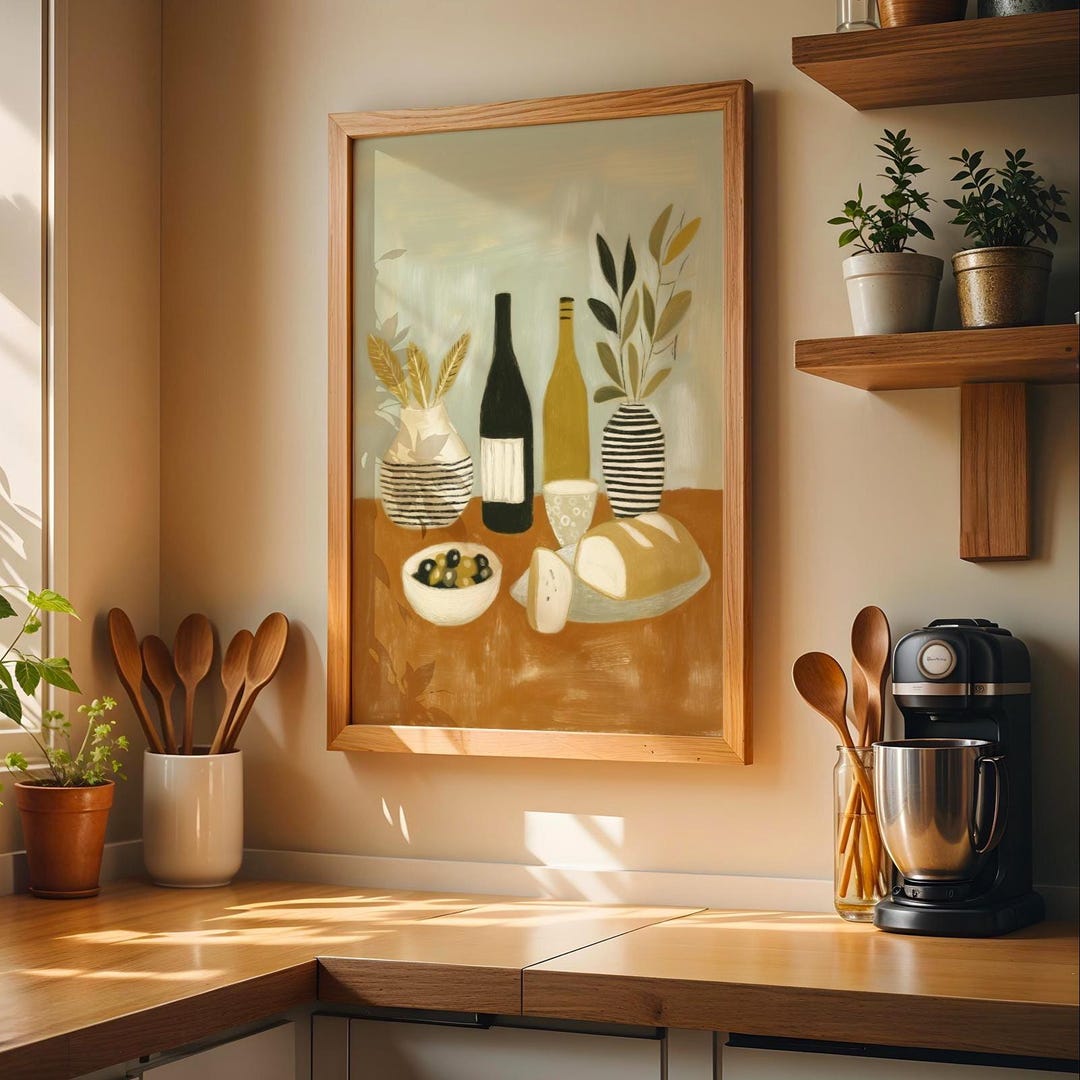 Modern Kitchen Wall Art Print | Still Life Wine & Bread Artwork ...