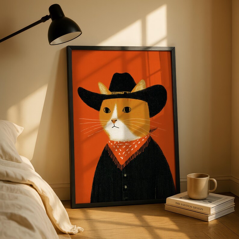 Ginger Cowboy Cat Wall Art Print, Funny Western Cat Illustration ...
