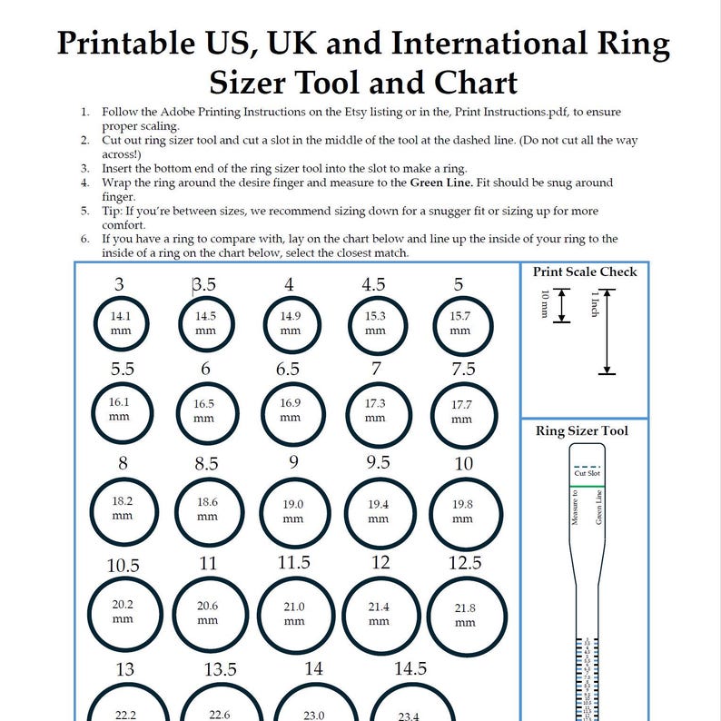 Printable Ring Sizer Tool: US, UK, International Size Chart (PDF ...