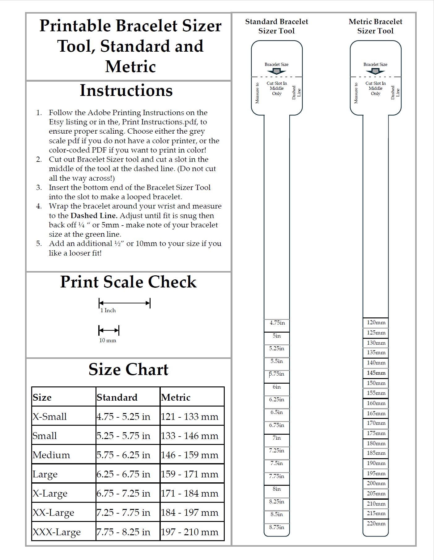 Printable Bracelet Sizer Tool: Standard & Metric (PDF Download) - Etsy