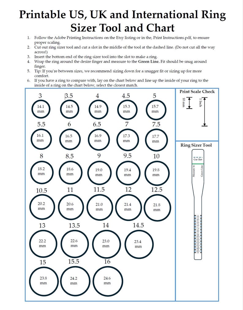 Printable Ring Sizer Tool: US, UK, International Size Chart (PDF Download) - Etsy